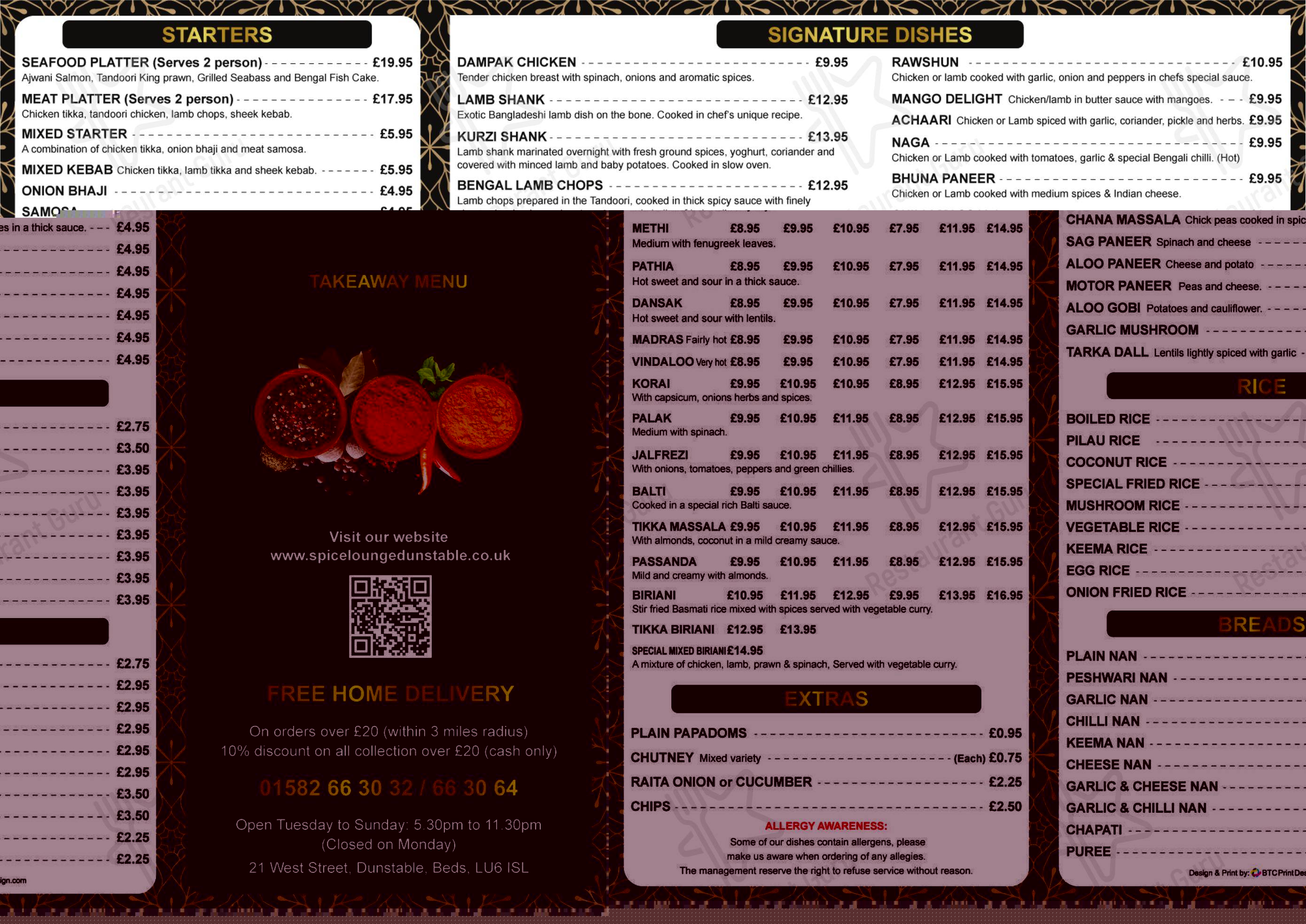 Menu at Spice Lounge restaurant, Dunstable