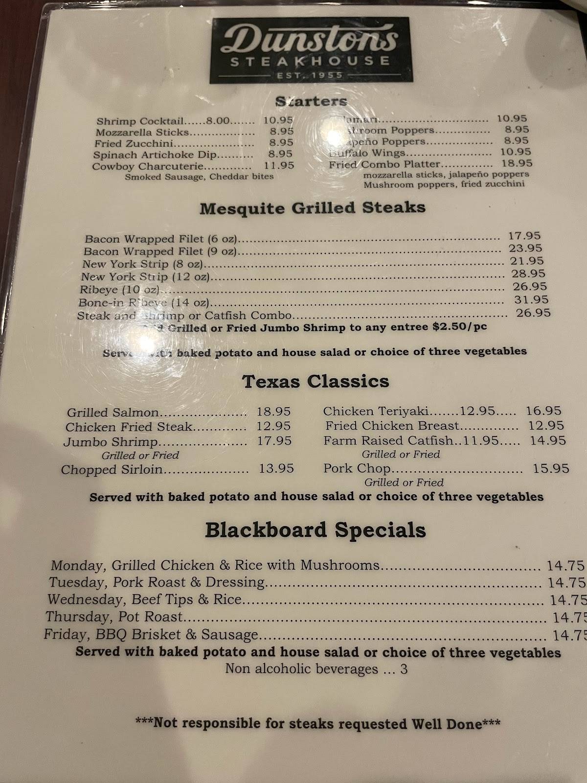 Menu at Dunston's Steak House steakhouse, Dallas, Harry Hines Blvd