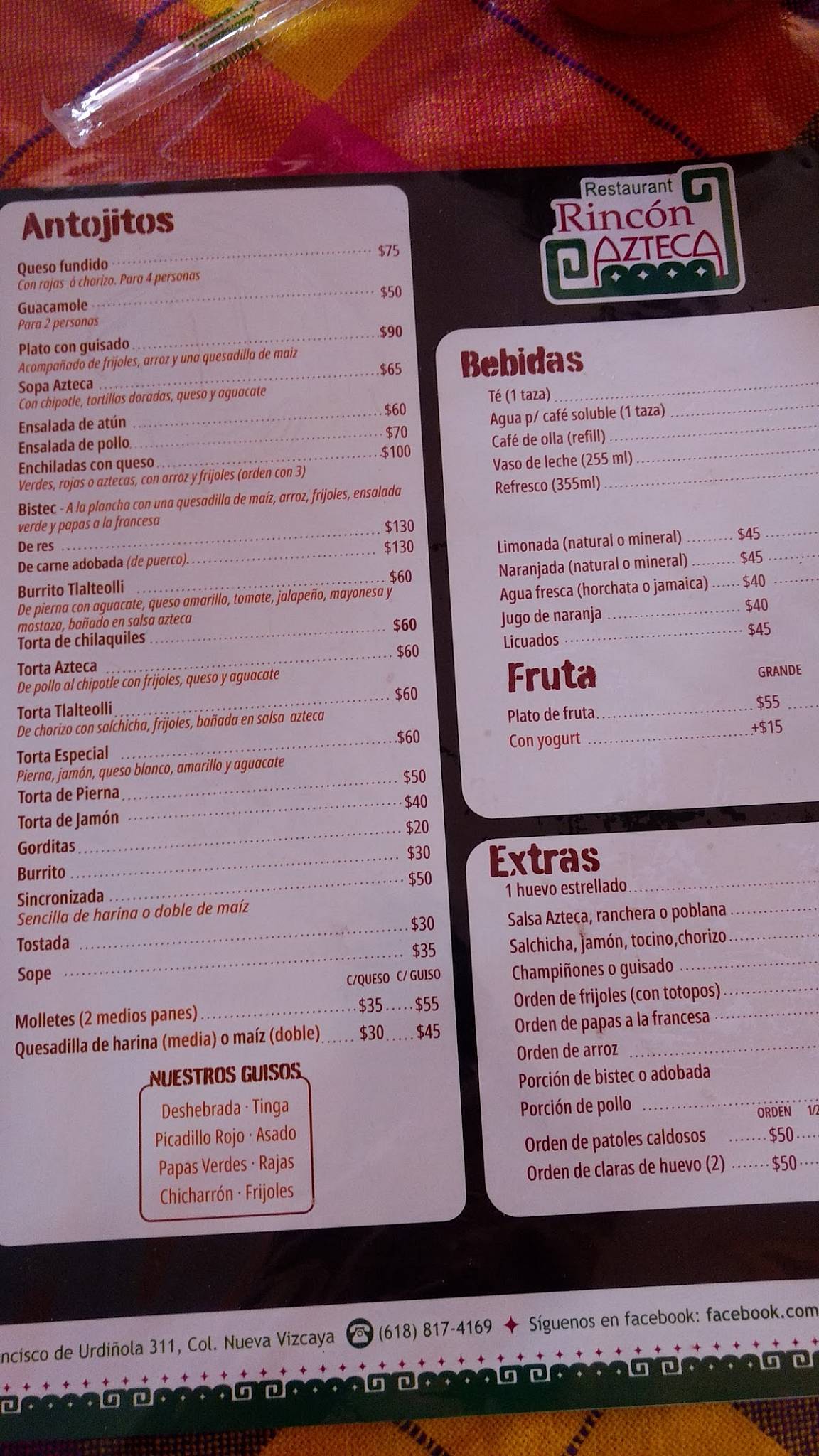 Carta de Restaurant Rincón Azteca, Durango, Calle 5 de Febrero 1117