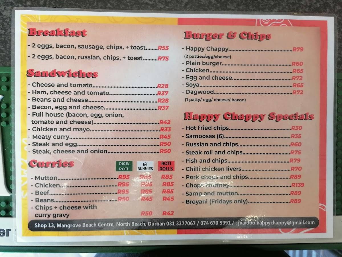 Menu at Happy Chappy pub & bar, Durban, Mangrove Beach Center