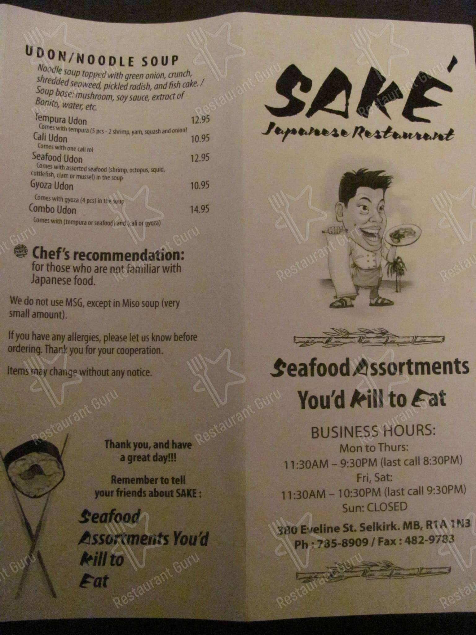 Menu at Sake Japanese Restaurant, Selkirk