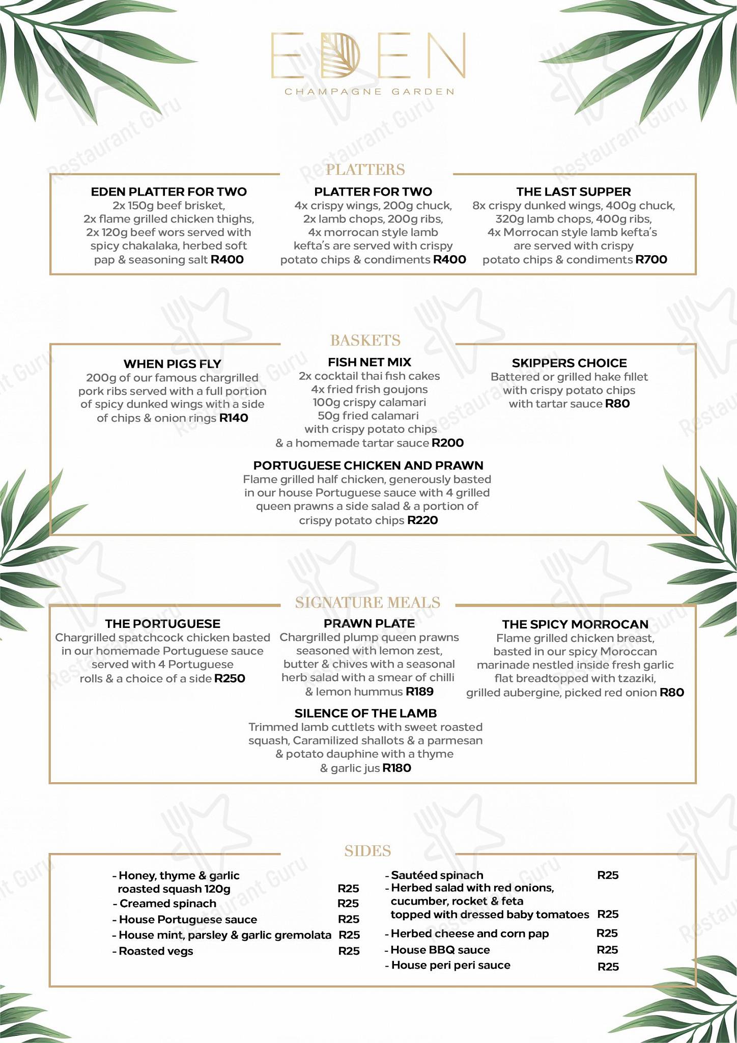 Menu au Eden Champagne Garden restaurant, Berea