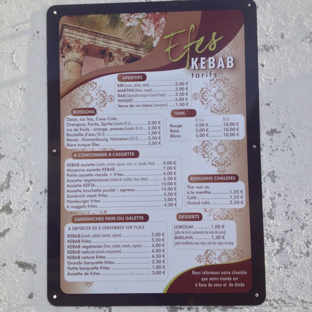 Menu au Efes kebab fast food, Plozévet