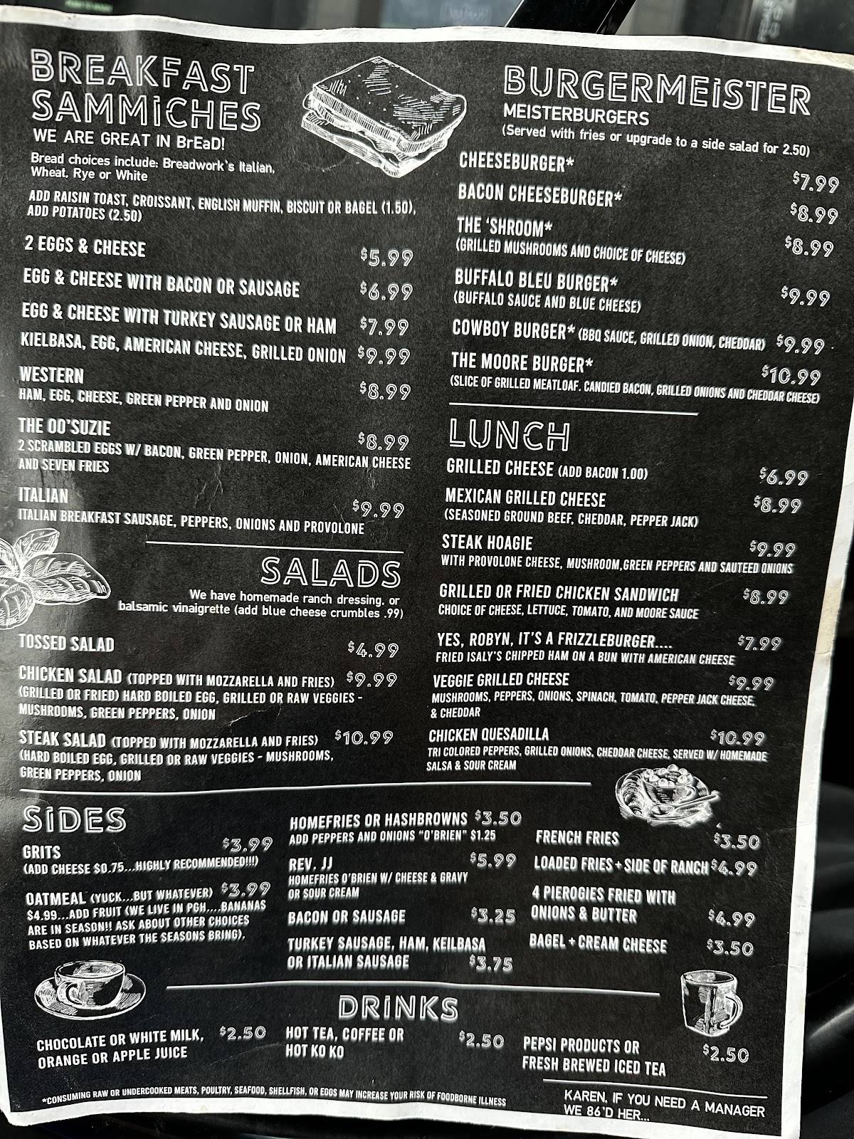 Menu at Eggs & Moore restaurant, Pittsburgh