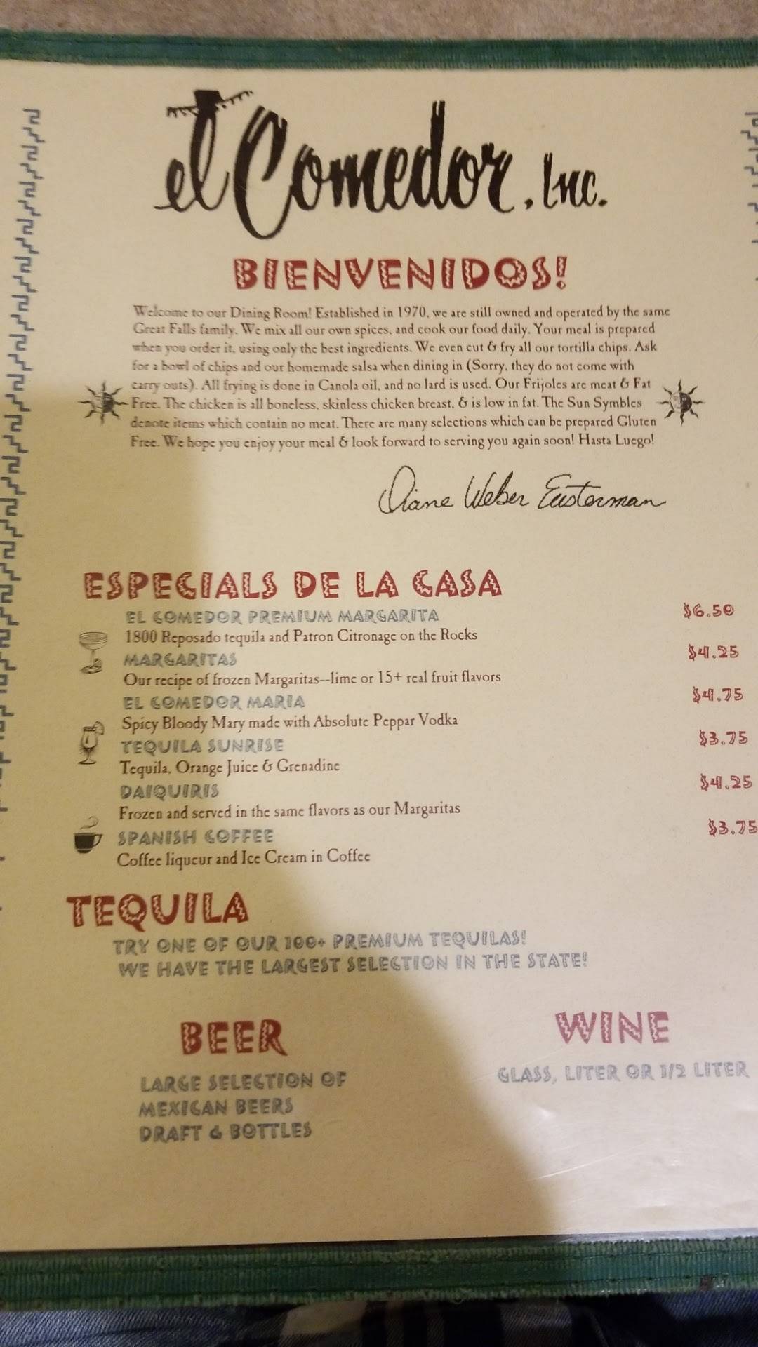 Menu at El Comedor Mexican Restaurant, Great Falls