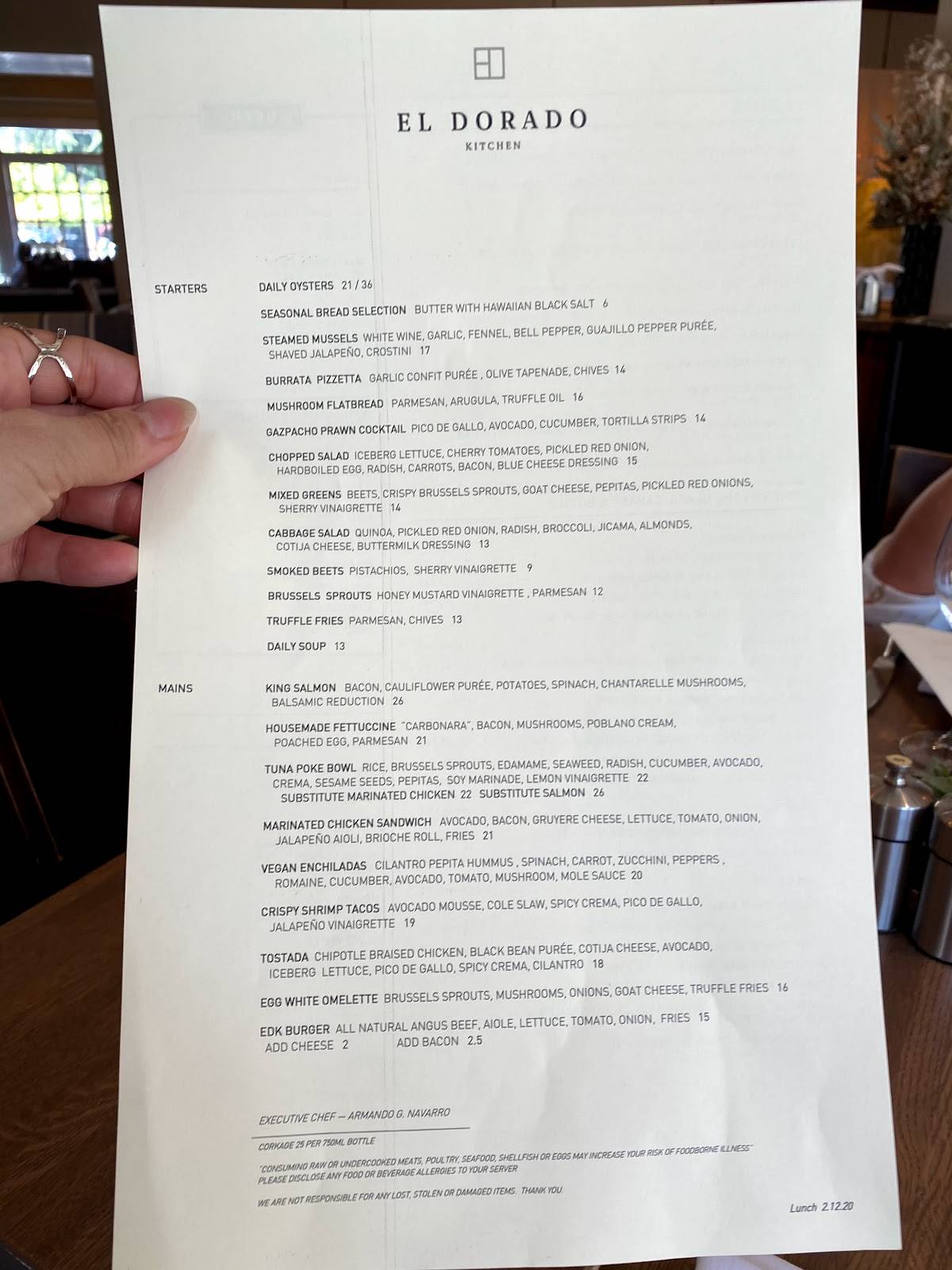 Menu at El Dorado Kitchen restaurant, Sonoma