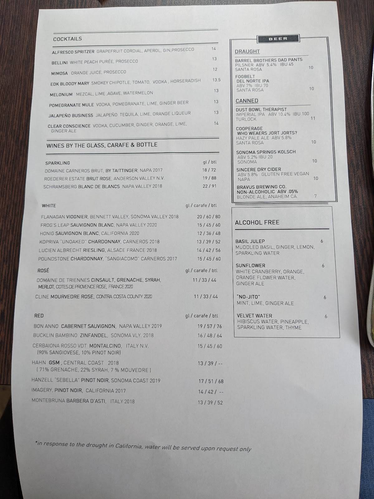 Menu at El Dorado Kitchen restaurant, Sonoma