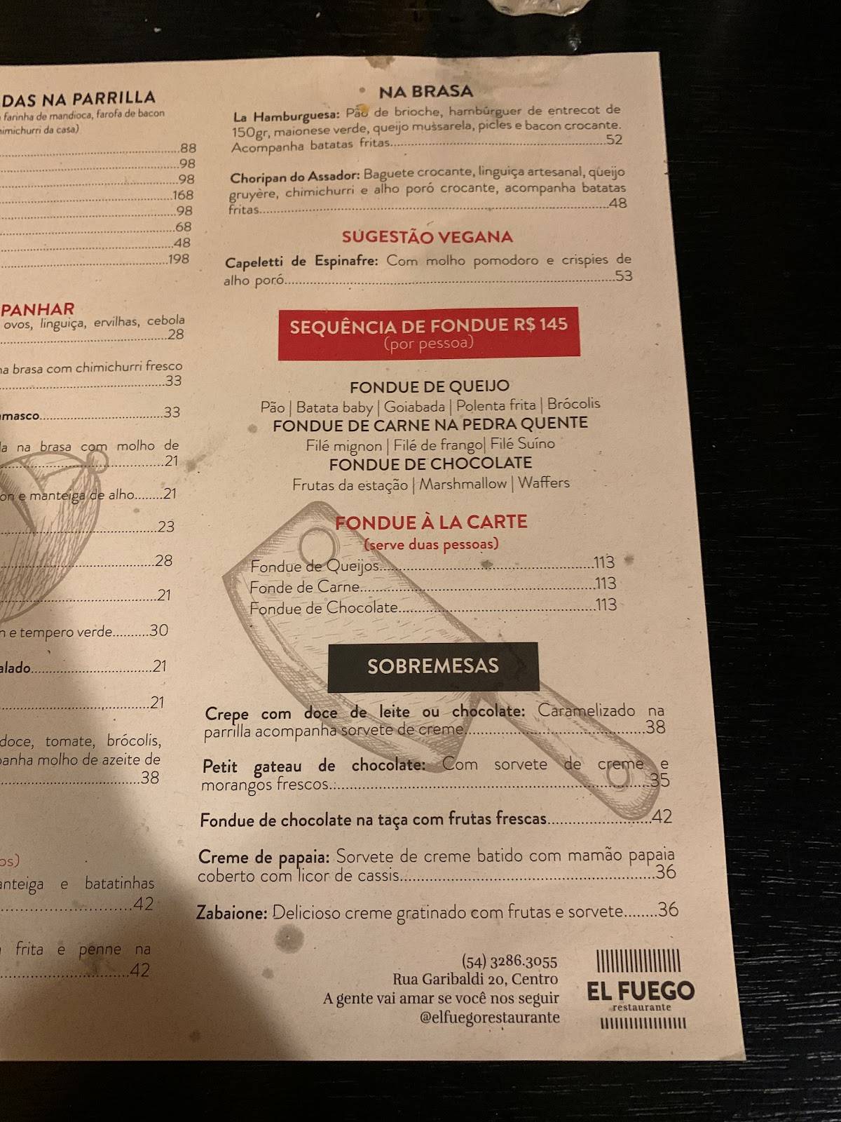 Menu em El Fuego Restaurante, Gramado, Rua Garibaldi