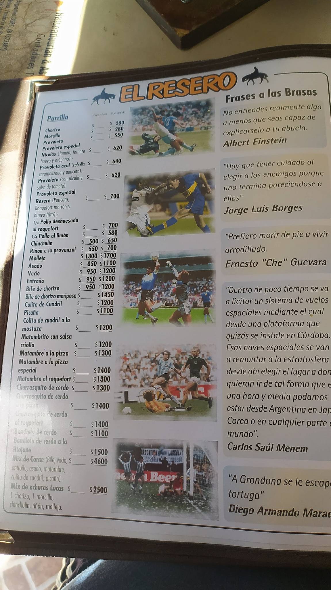 Menu at El Resero restaurant, Buenos Aires
