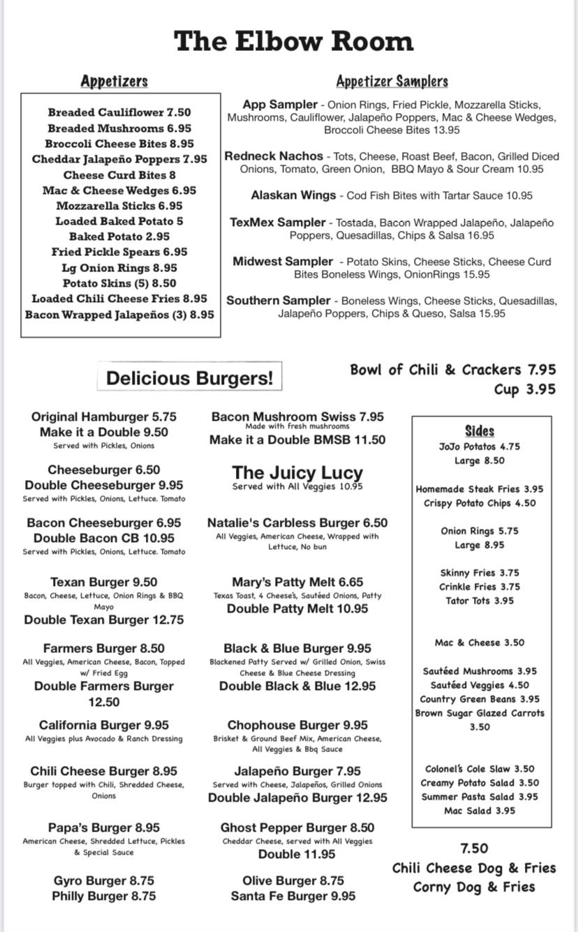 Menu at Elbow Room restaurant, Albert Lea