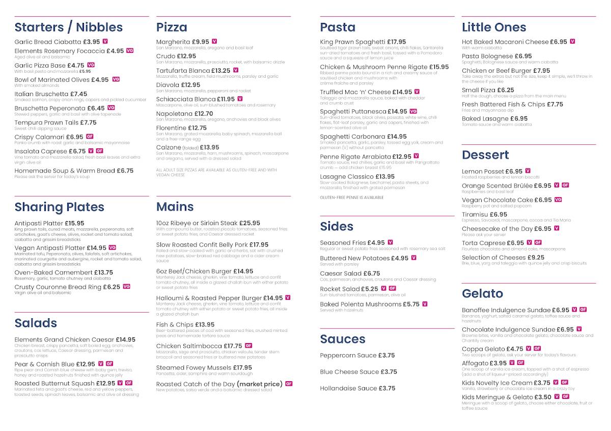 Menu at Elements Restaurant, Bude