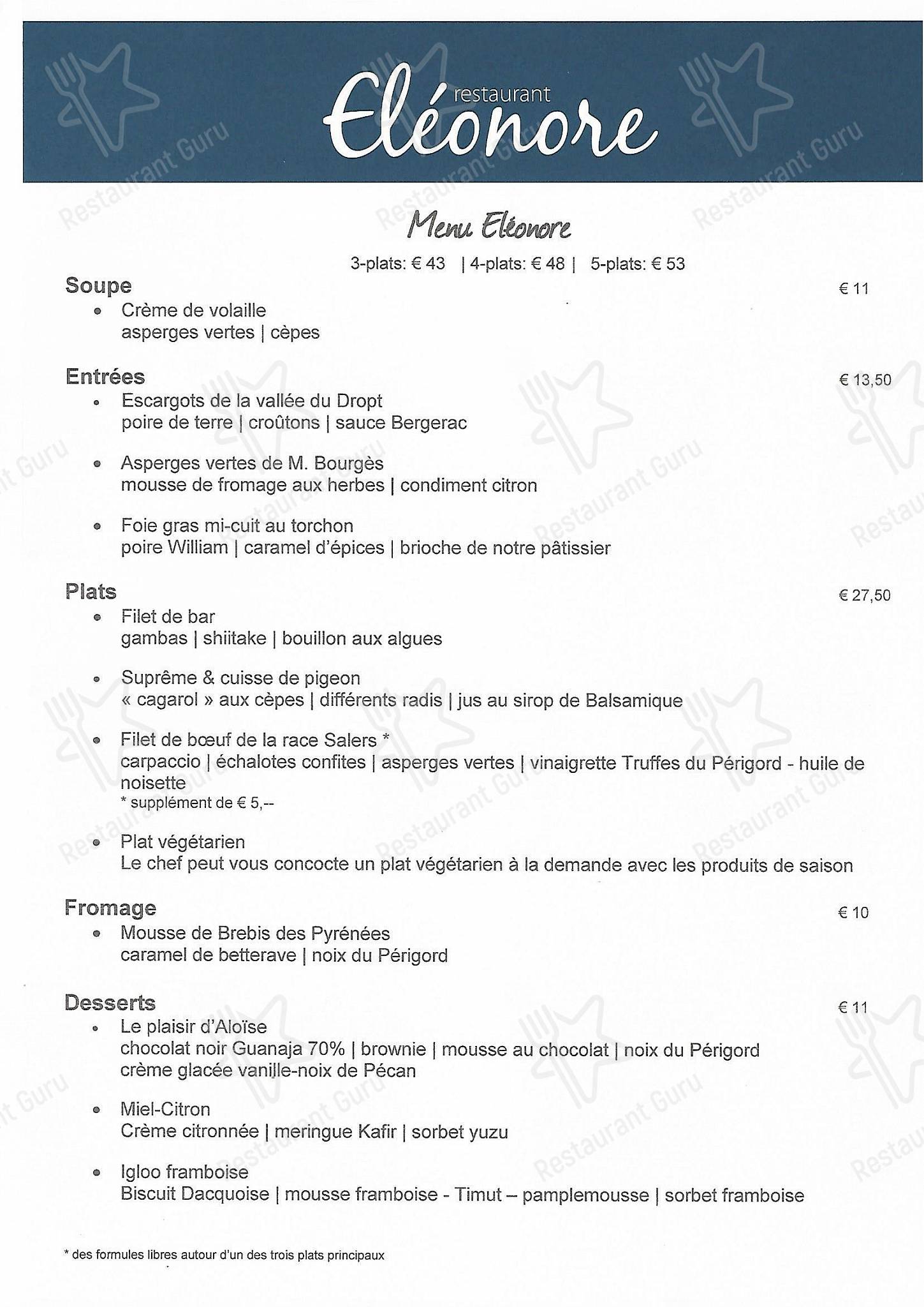 Carta de Restaurant Eléonore -, Monpazier