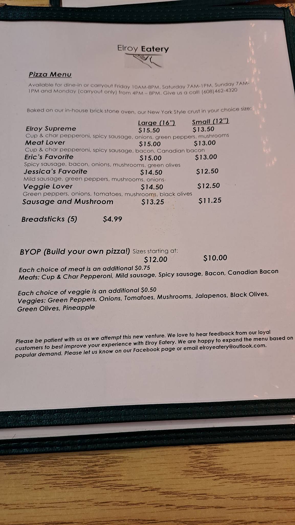 Menu at Elroy Eatery restaurant, Elroy