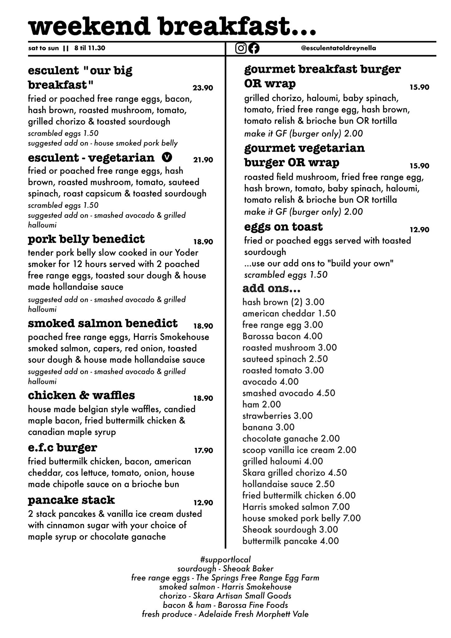 Menu at Esculent fast food, Old Reynella
