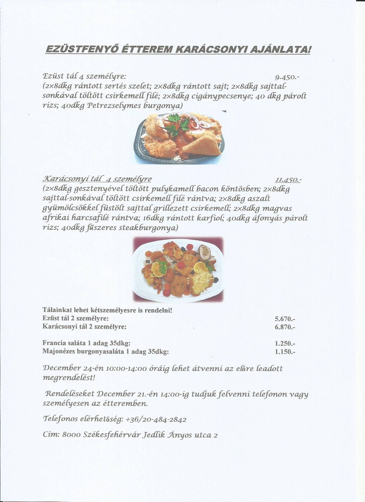 Menu at Ezüst Fenyő Étterem restaurant, Székesfehérvár