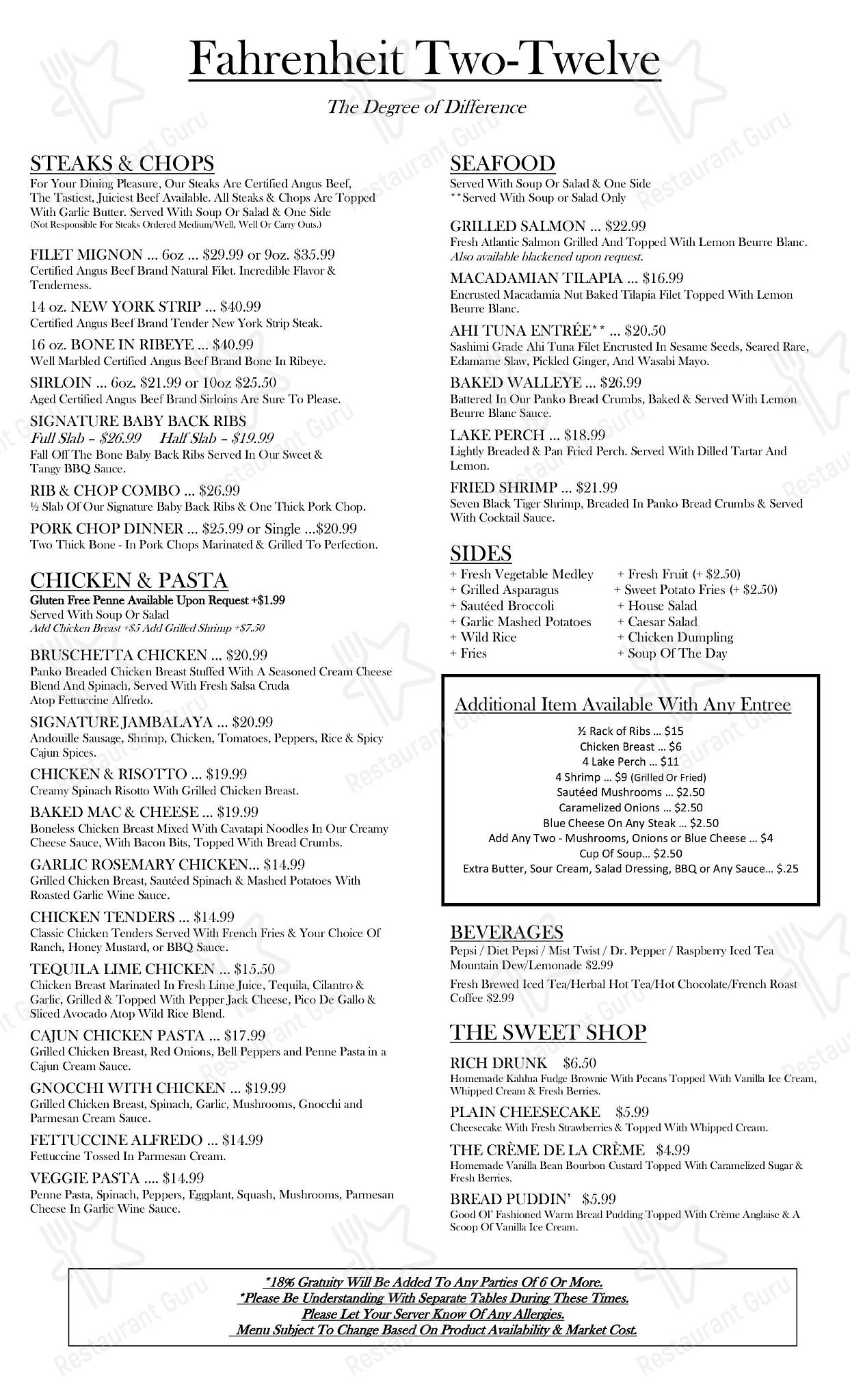Menu at Fahrenheit Two Twelve BBQ, Crown Point