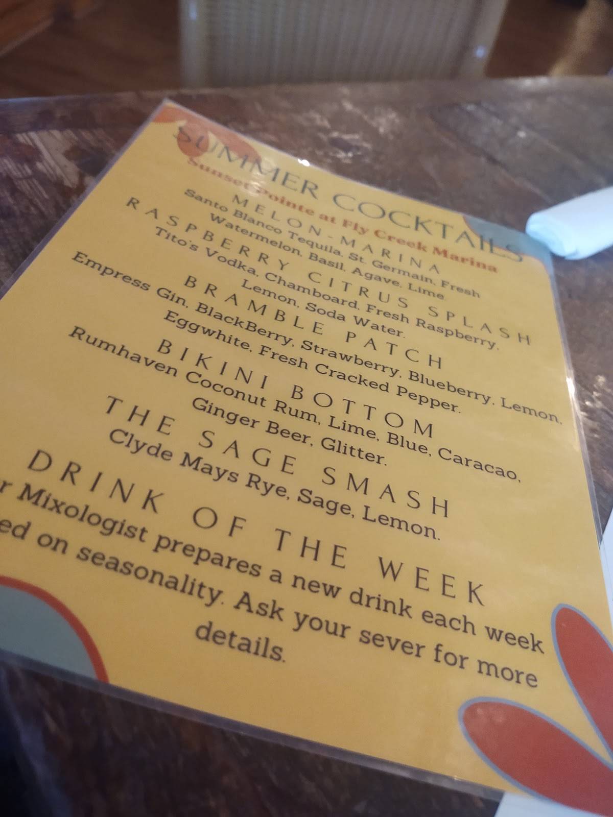 Menu at Sunset Pointe at Fly Creek Marina pub & bar, Fairhope