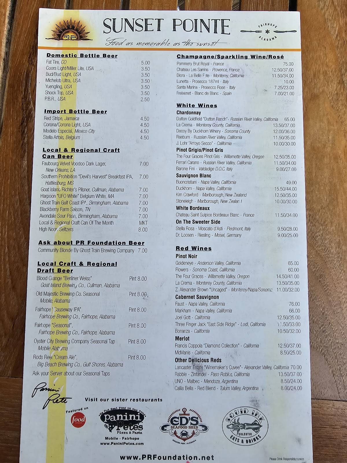 Menu at Sunset Pointe at Fly Creek Marina pub & bar, Fairhope