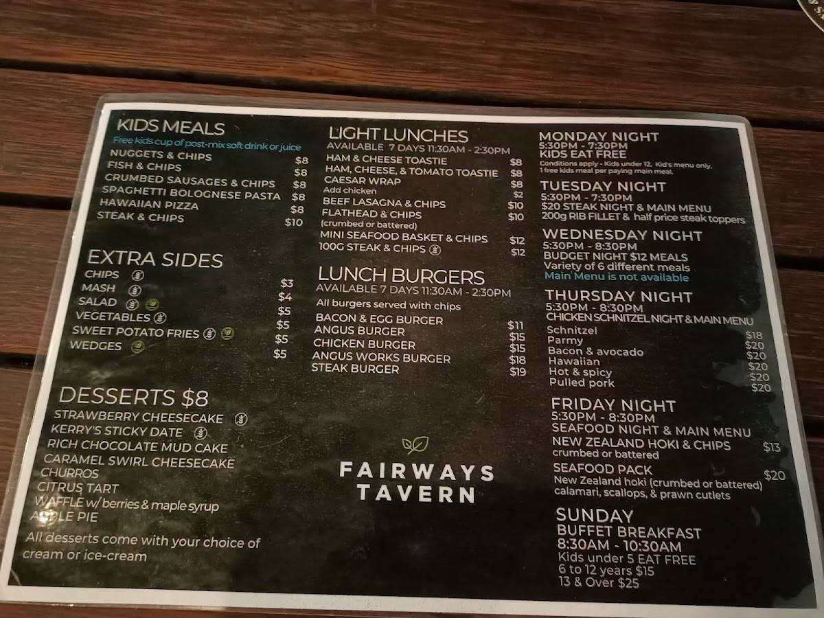 Menu at Fairways Tavern restaurant, Hatton Vale