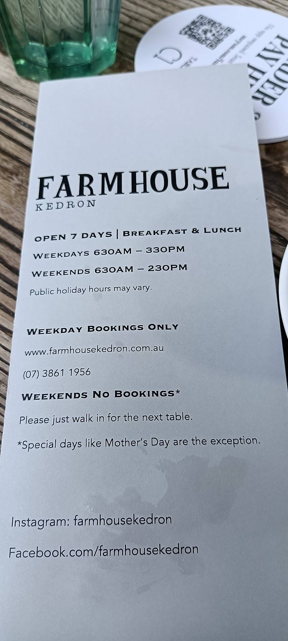 Menu at Farmhouse, Kedron Cafe, Kedron