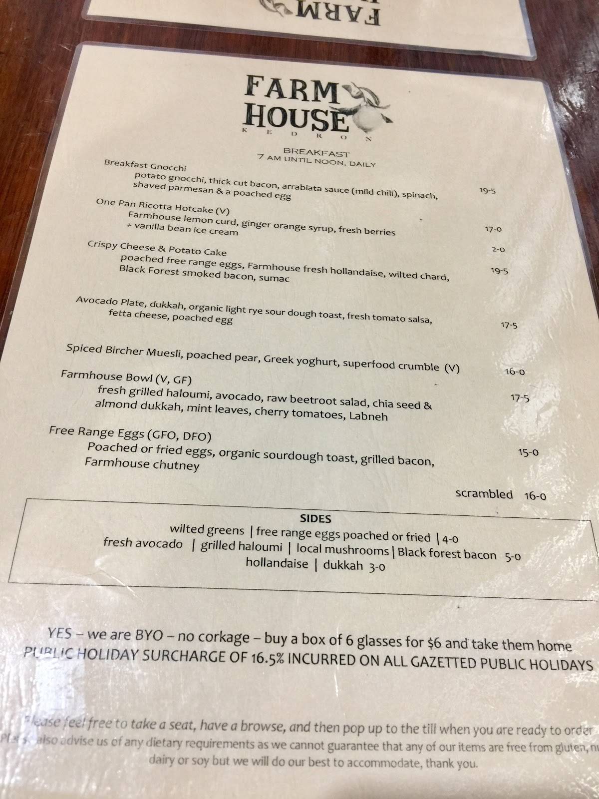 Menu at Farmhouse, Kedron Cafe, Kedron