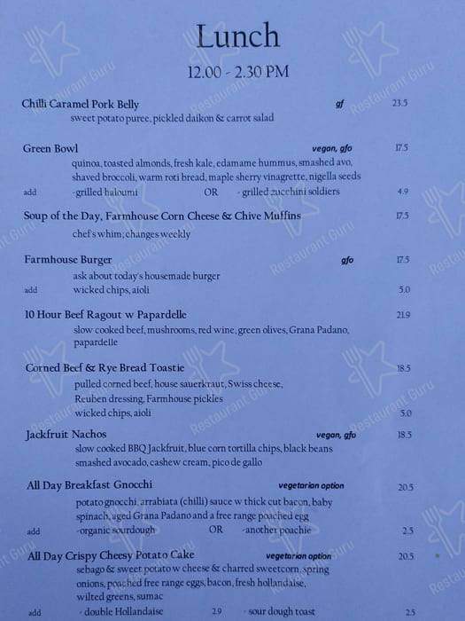 Menu at Farmhouse, Kedron Cafe, Kedron