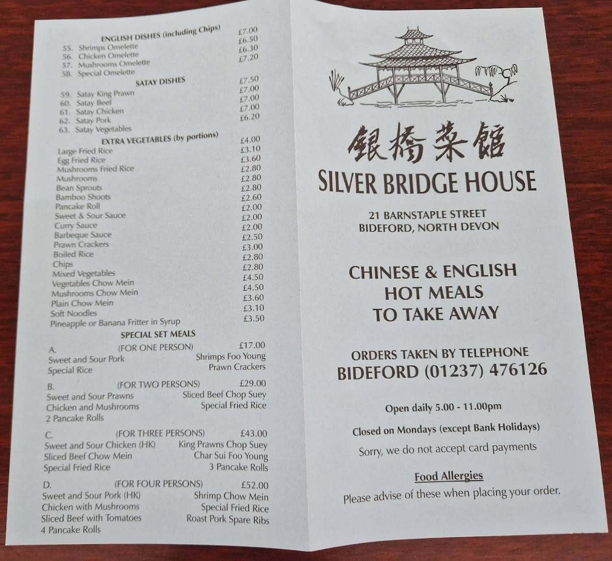 Menu at Silver Bridge House fast food, Bideford