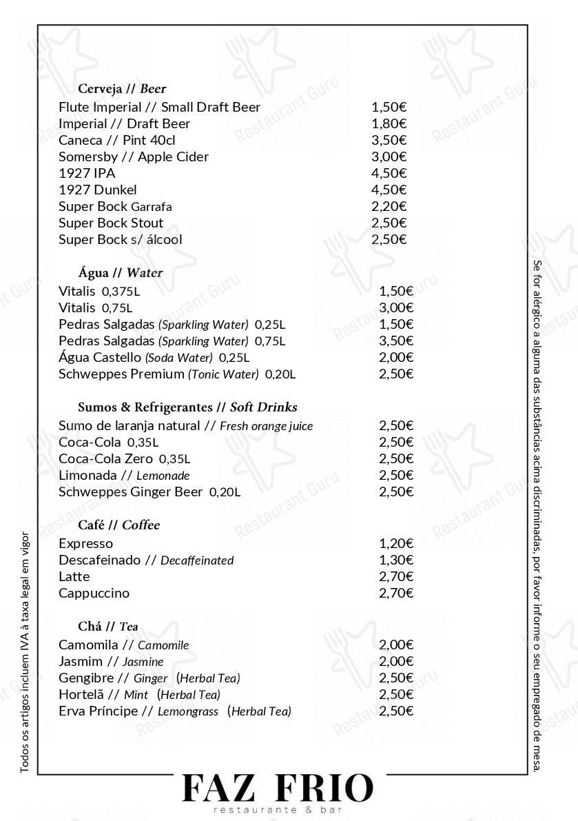 Menu at Faz Frio restaurant, Lisbon