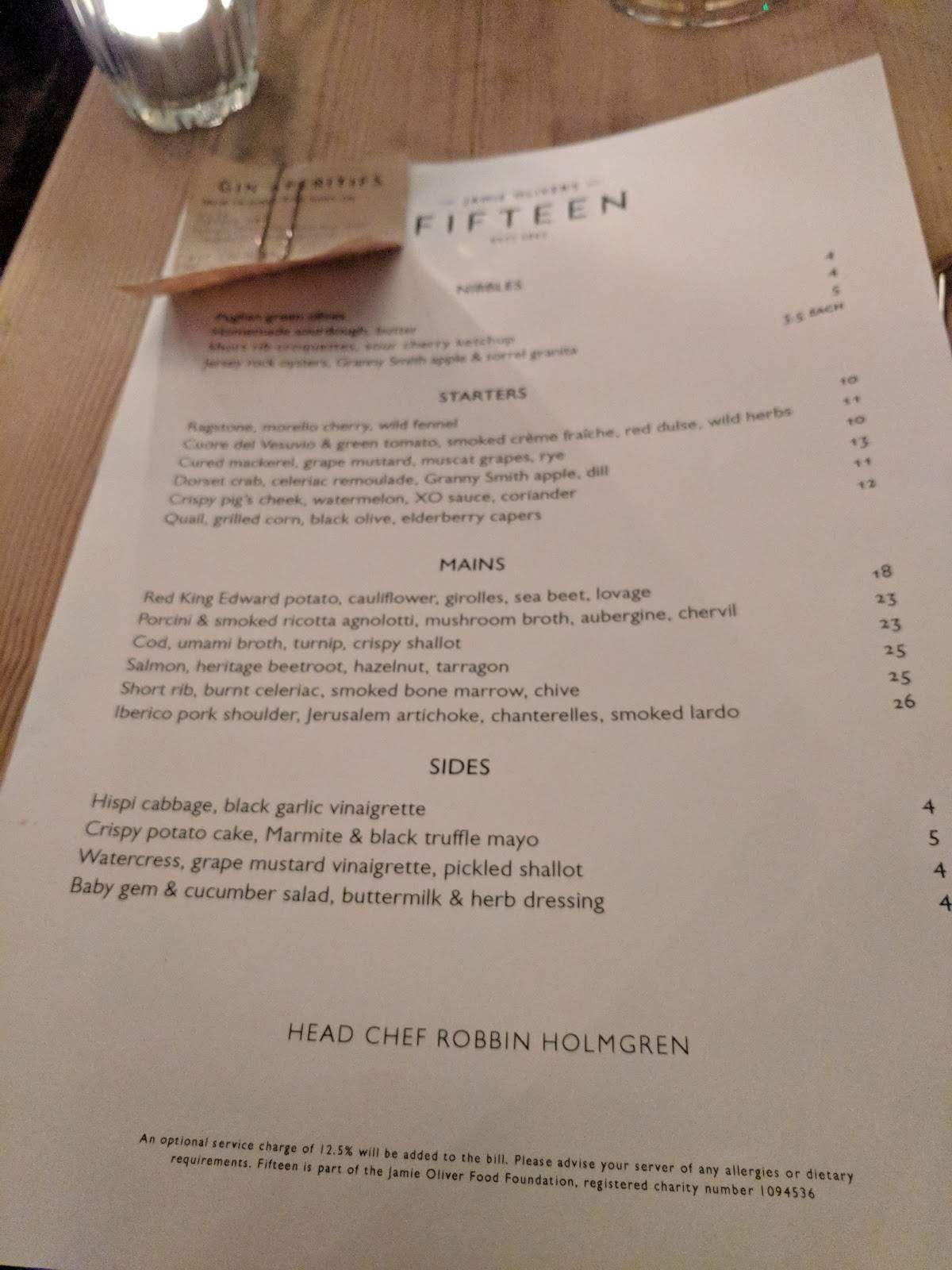 Menu at Fifteen restaurant, London