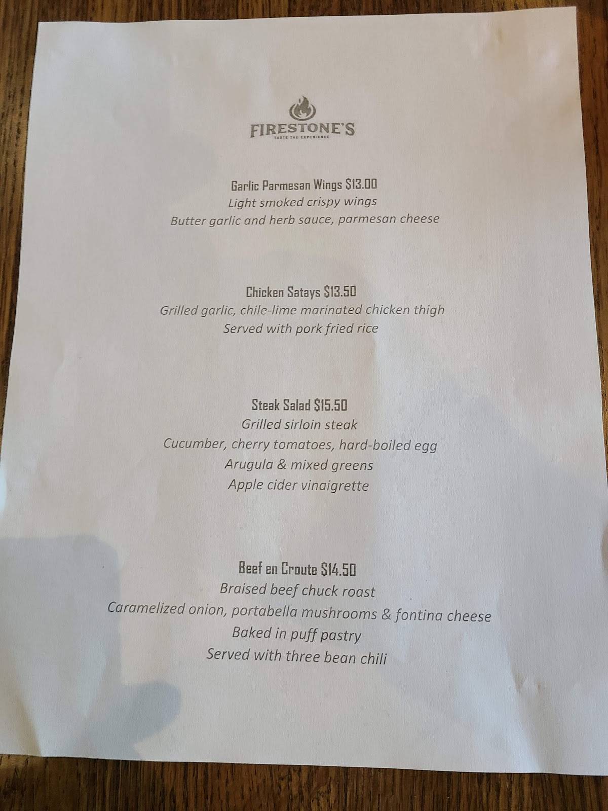 Menu at Firestone's restaurant, Erie