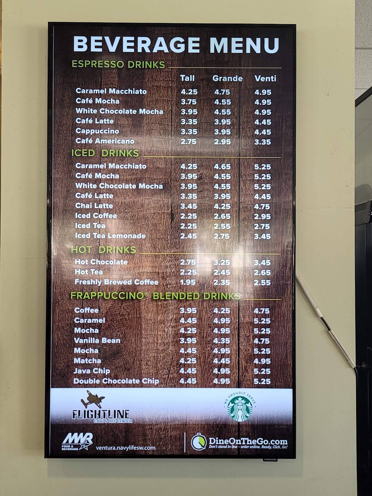 Menu at Flightline Cafe, Naval Air Station Point Mugu