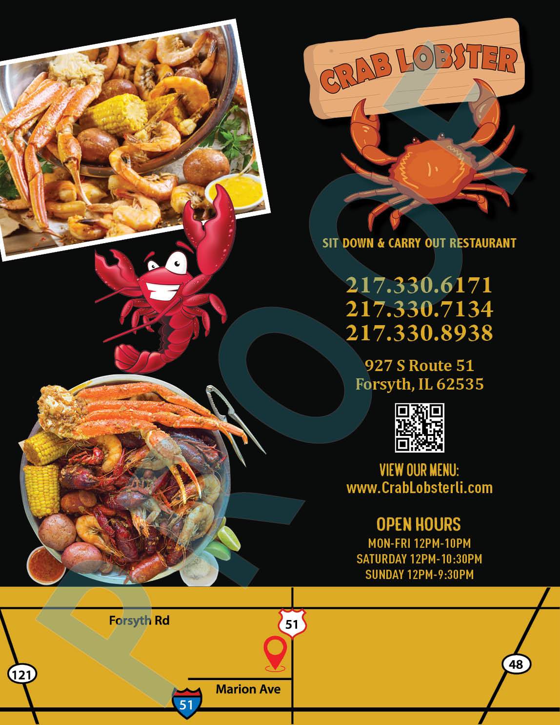 Menu at Crab Lobster restaurant, Forsyth