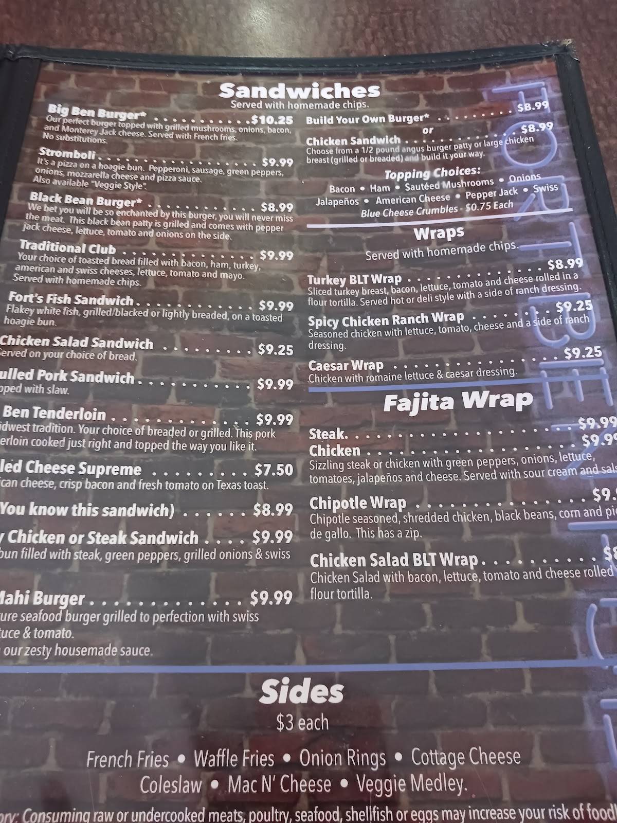 Menu at Fort Ben Pub, Indianapolis