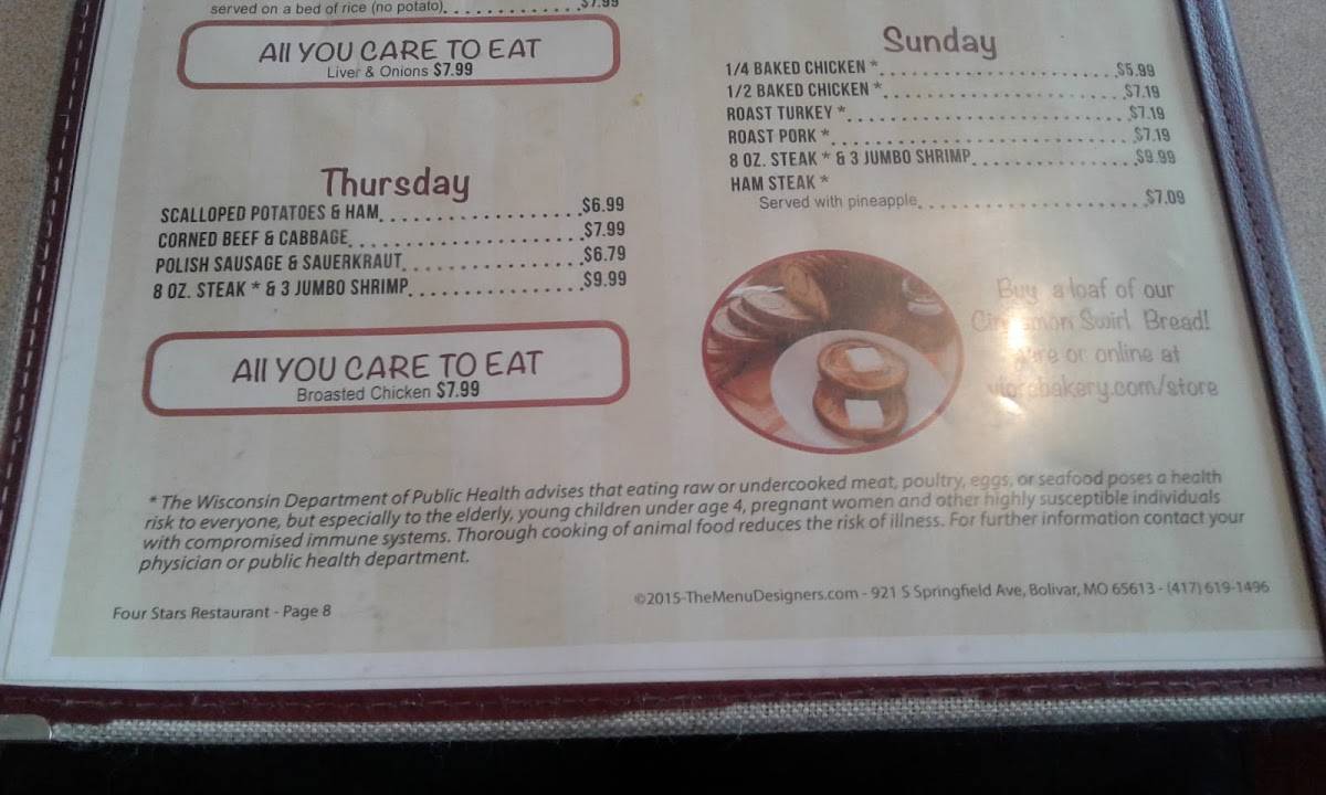 Menu at Four Star Family Restaurant, Wisconsin Rapids