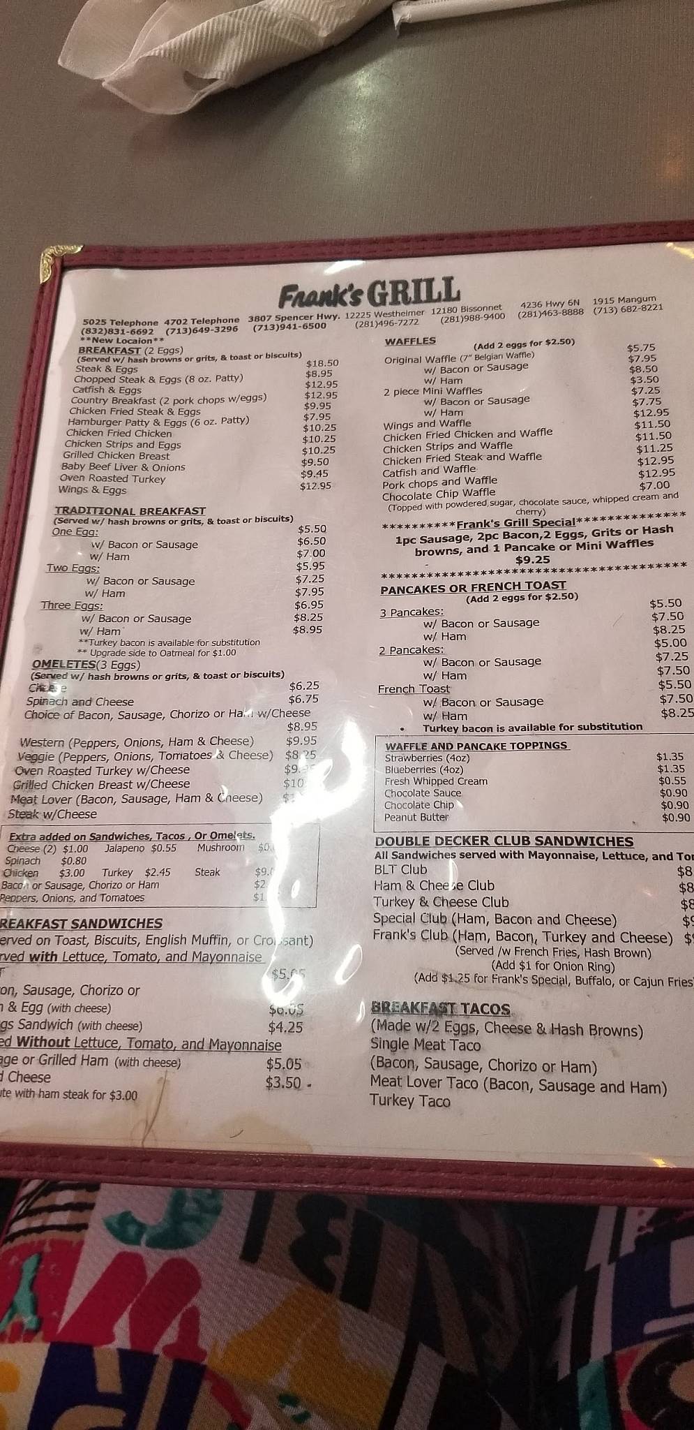 Menu at Frank's Grill restaurant, Houston, Telephone Rd # 100