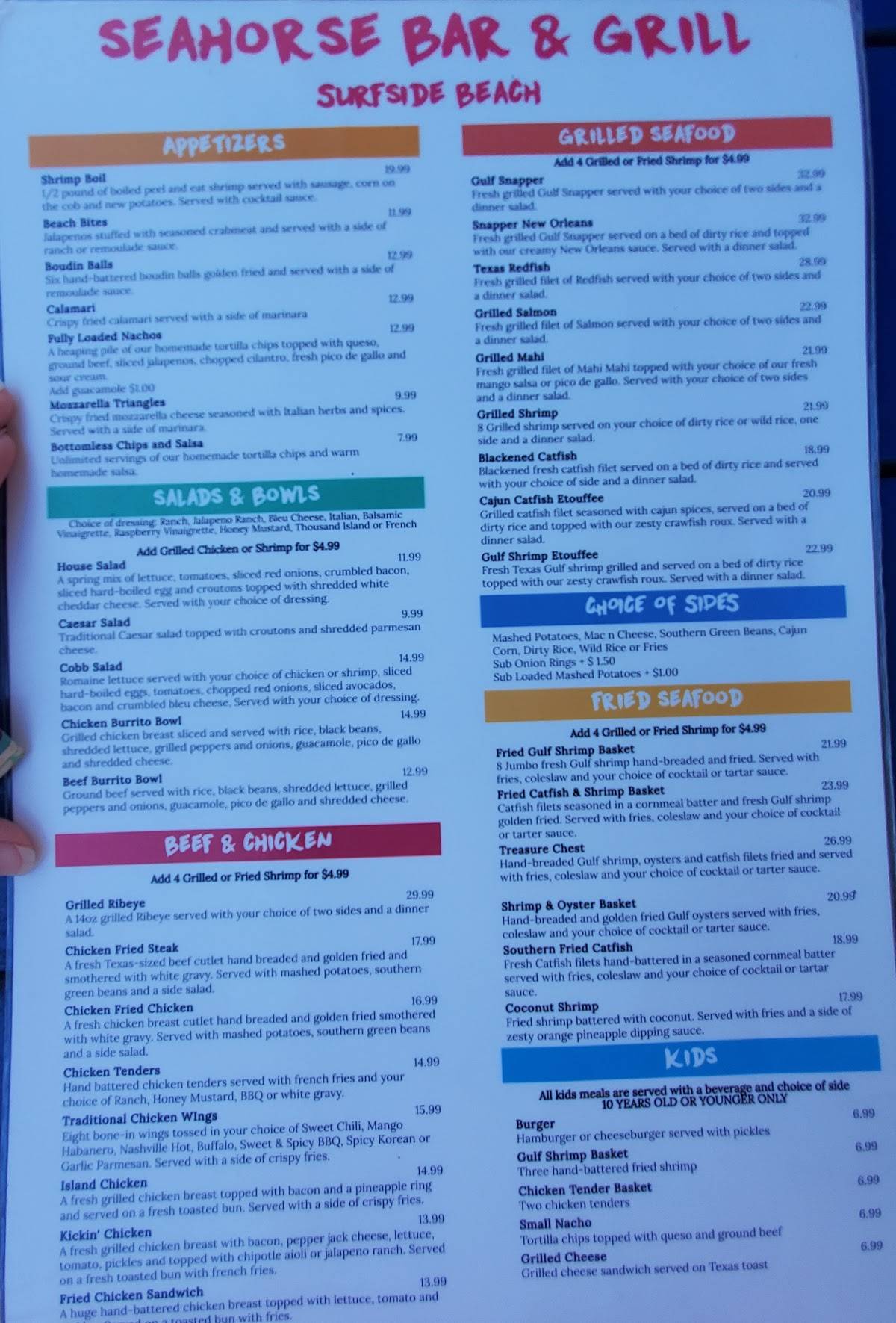 Menu at Seahorse Bar & Grill, Surfside Beach