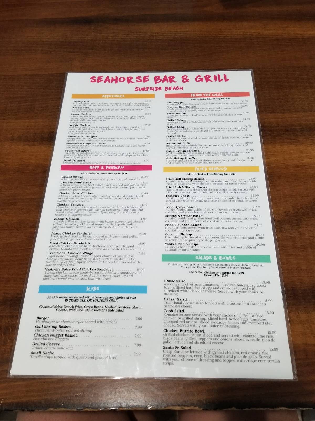 Menu at Seahorse Bar & Grill, Surfside Beach