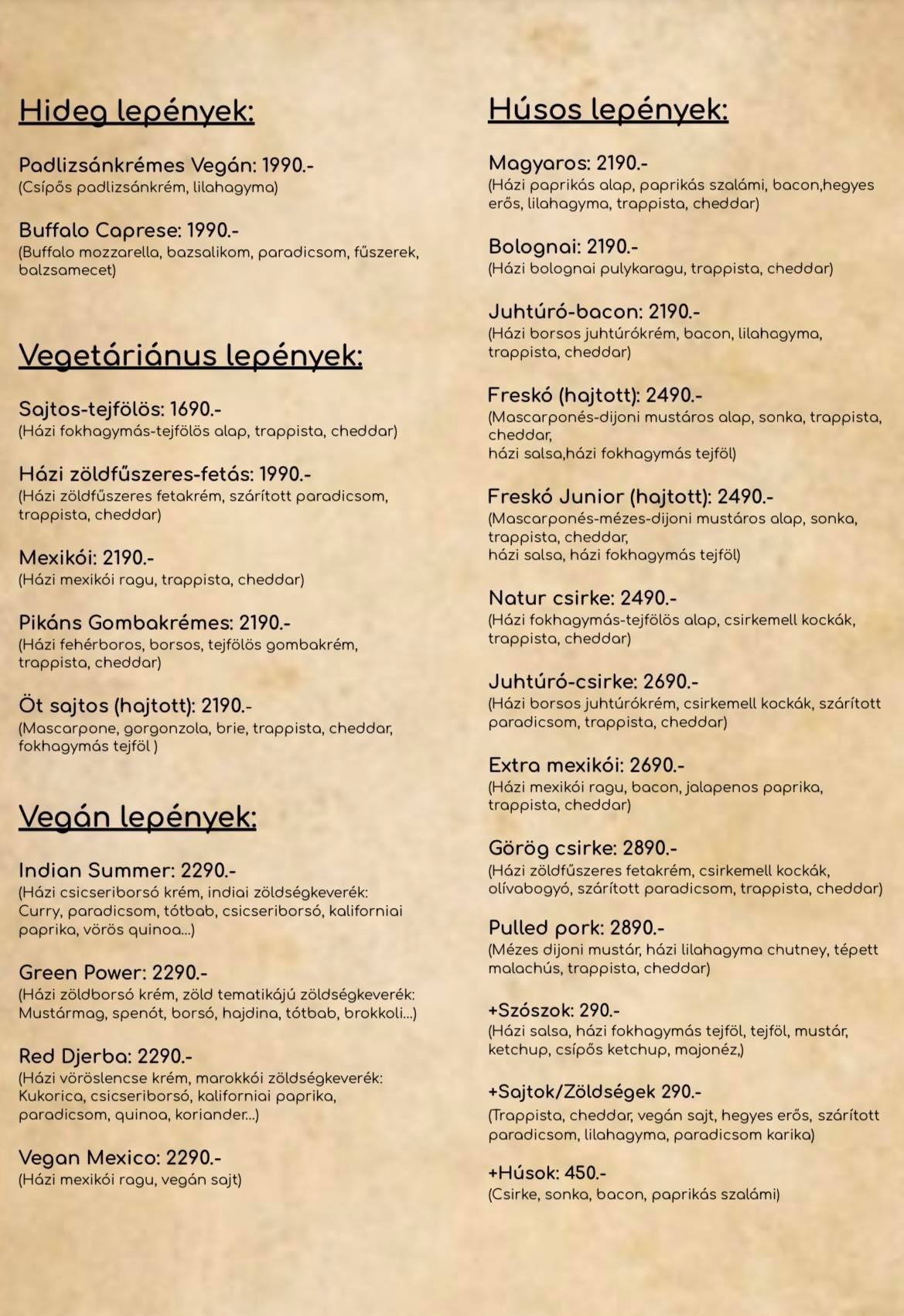Menu at Fresko Bistro restaurant, Szentendre