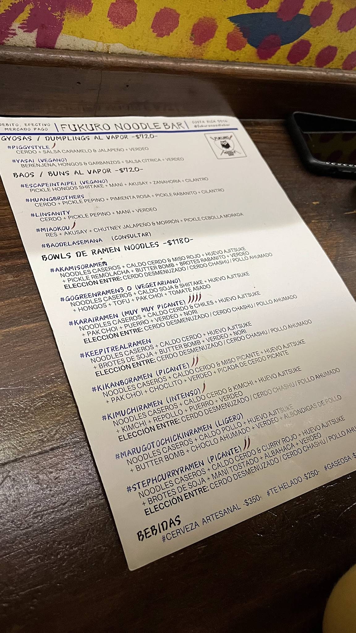 Carta de Fukuro Noodle Bar, Buenos Aires