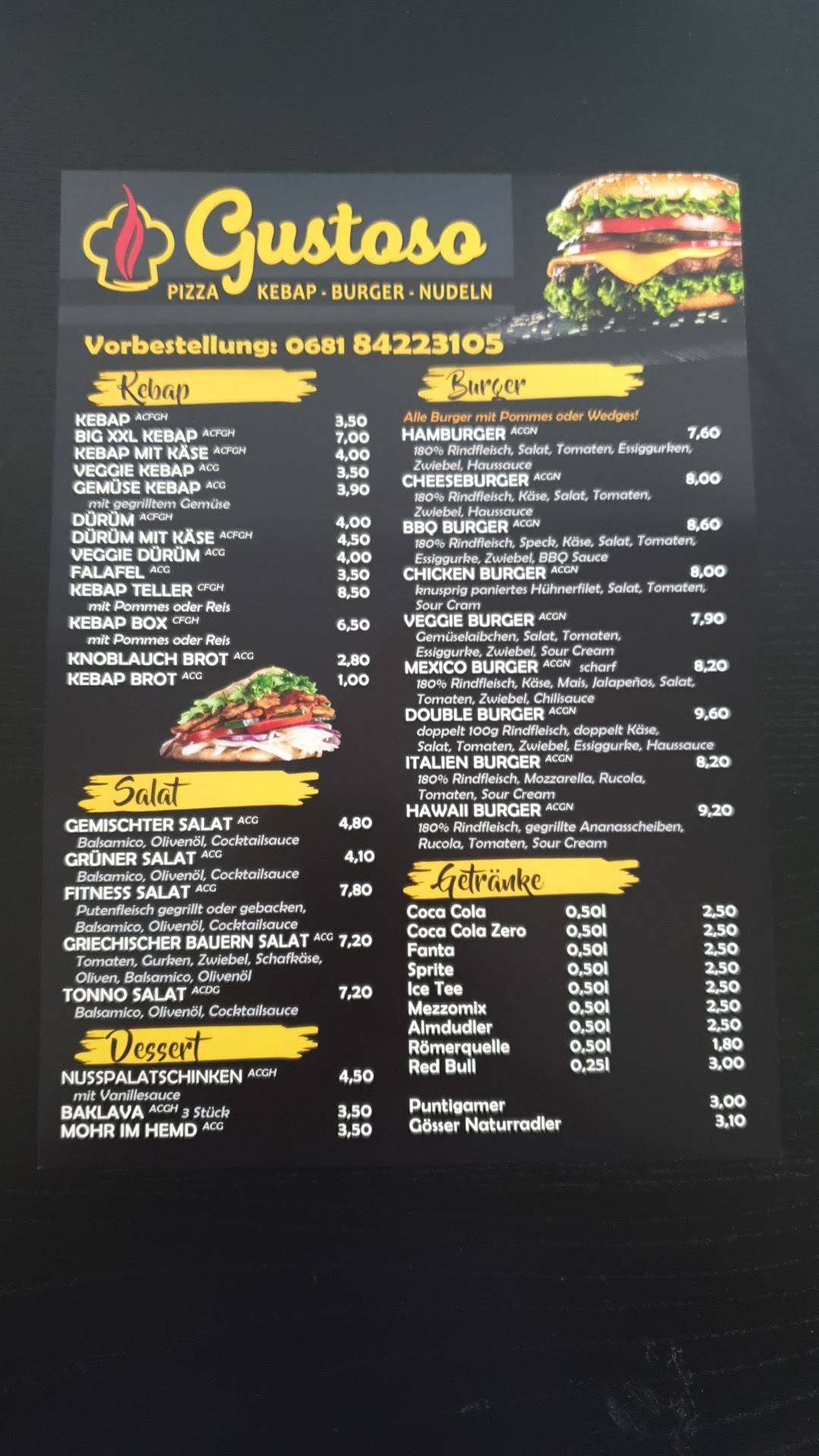 Menu au GUSTOSO Pizza Kebap Burger Pasta, Deutschlandsberg