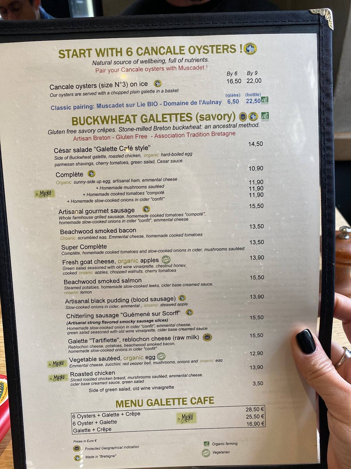 Menu at Galette Café, Paris