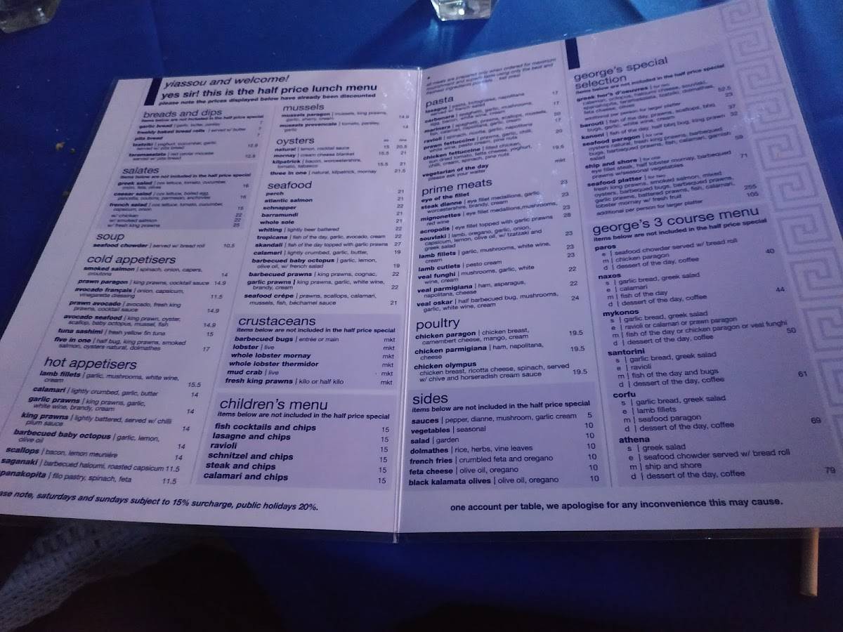 Menu at George's Paragon Seafood Restaurant - Sanctuary Cove, Hope ...