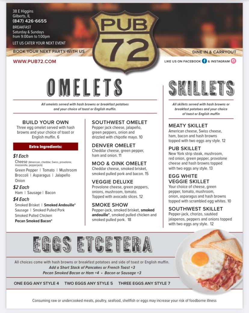 Menu at Pub 72, Gilberts