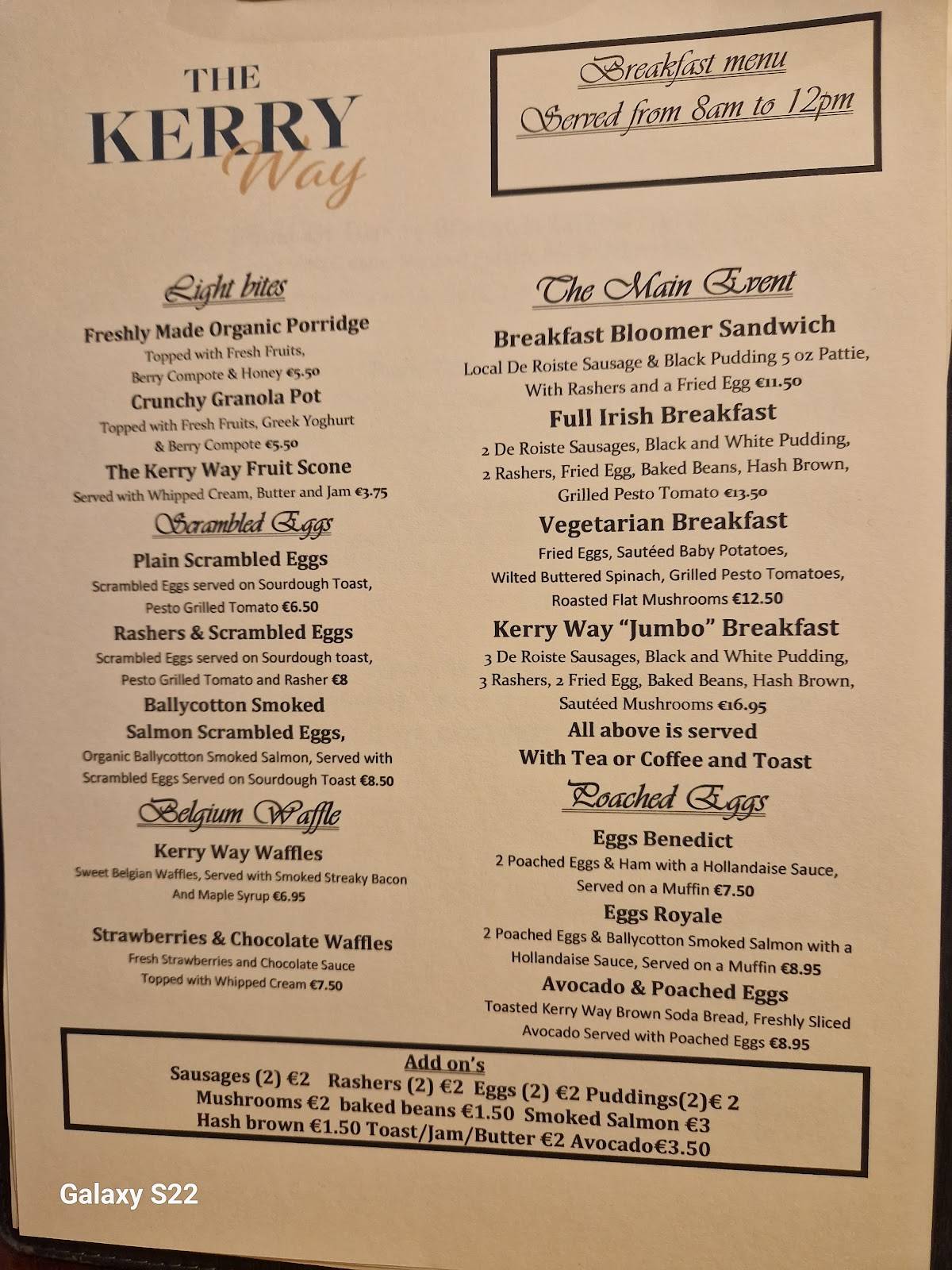 Menu at The Kerry Way restaurant, Glenflesk
