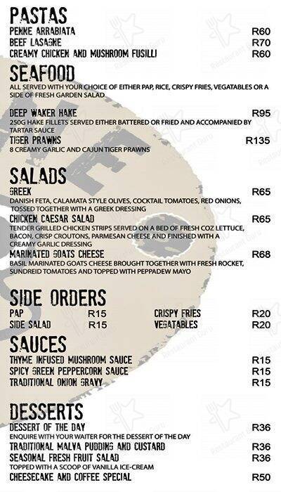 Menu at The Reef Hotel restaurant, Johannesburg