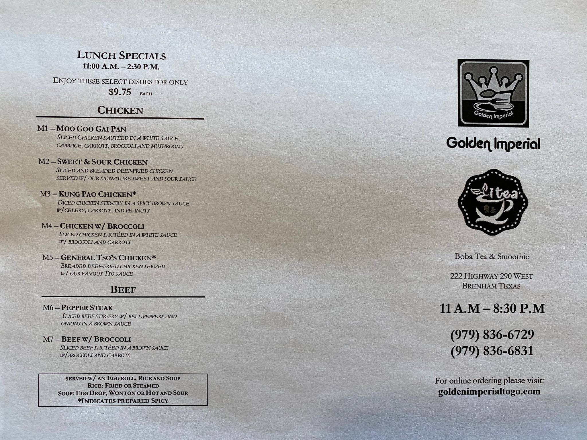 Menu at Golden Imperial restaurant, Brenham, 222 US-290 W