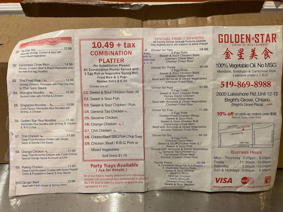Menu at Golden Star Restaurant, Sarnia