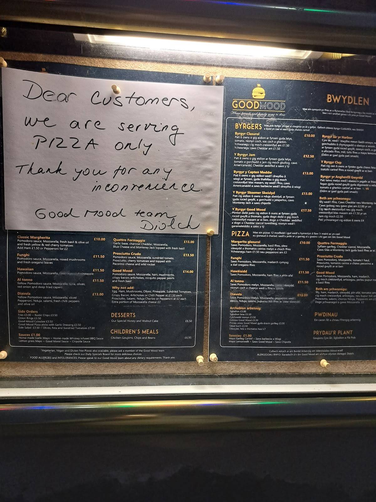Menu at Good Mood restaurant, Porthmadog