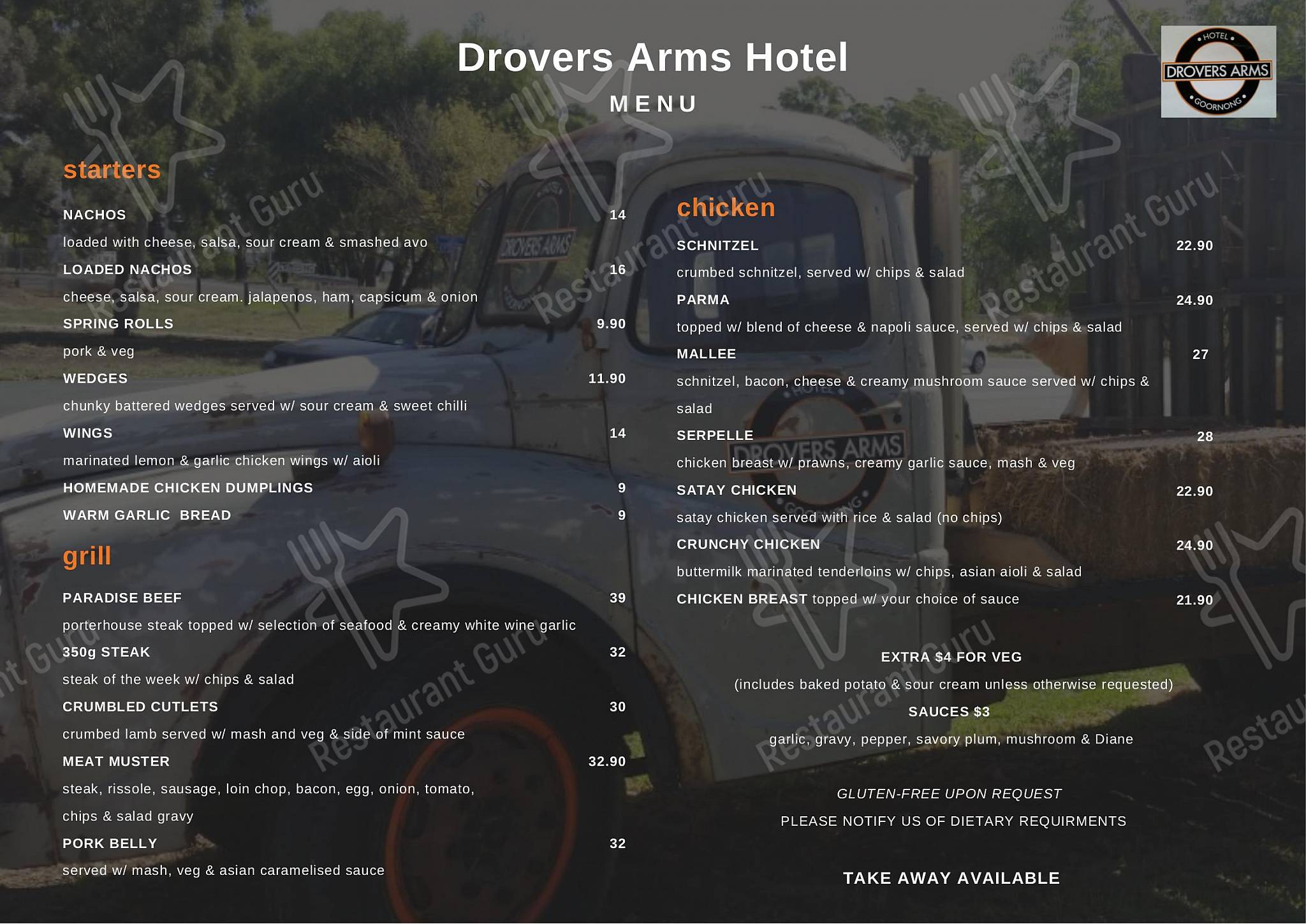Menu at Drovers Arms Hotel restaurant, Goornong