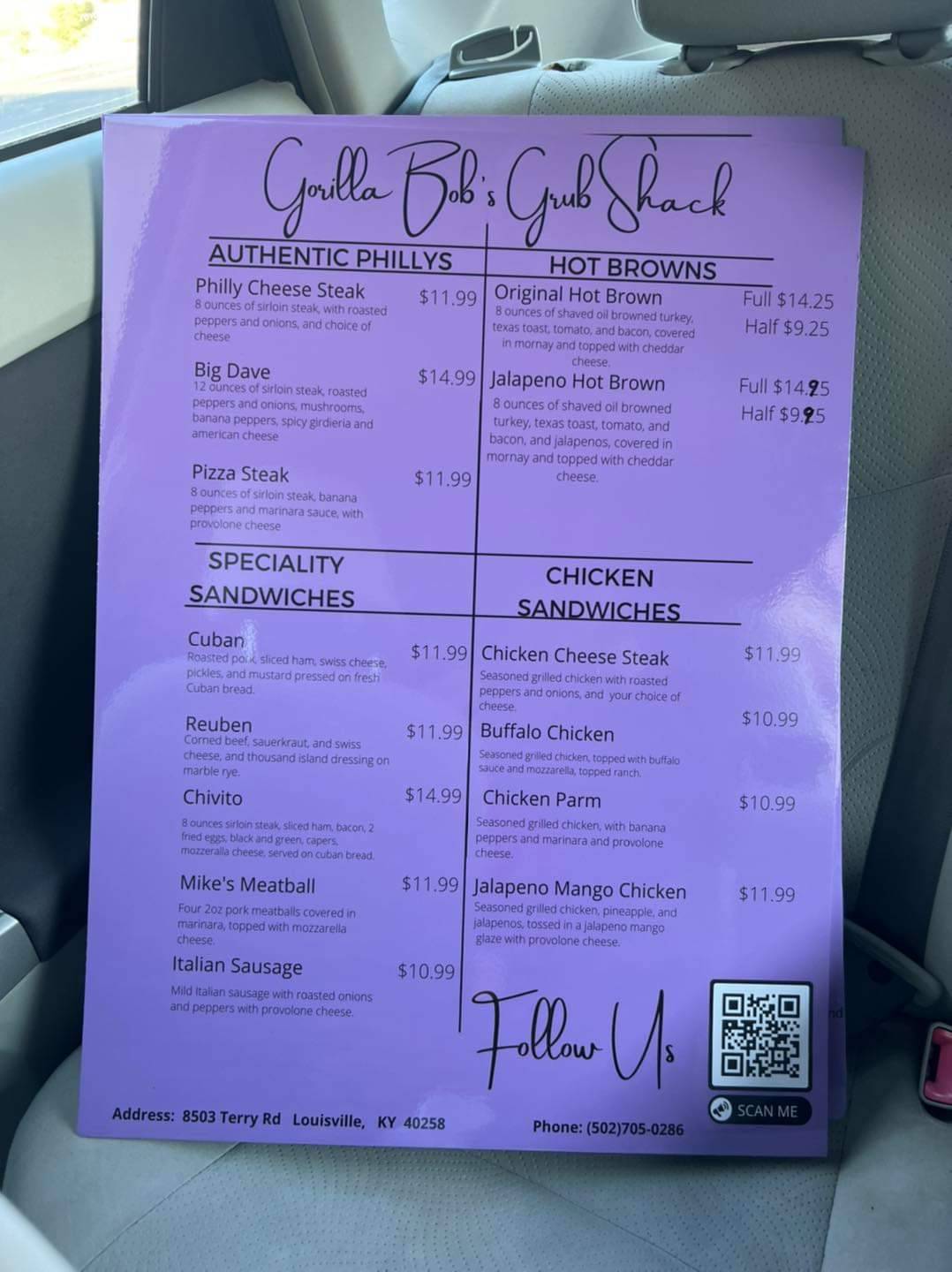 Menu at Gorilla Bob's Grub Shack restaurant, Louisville